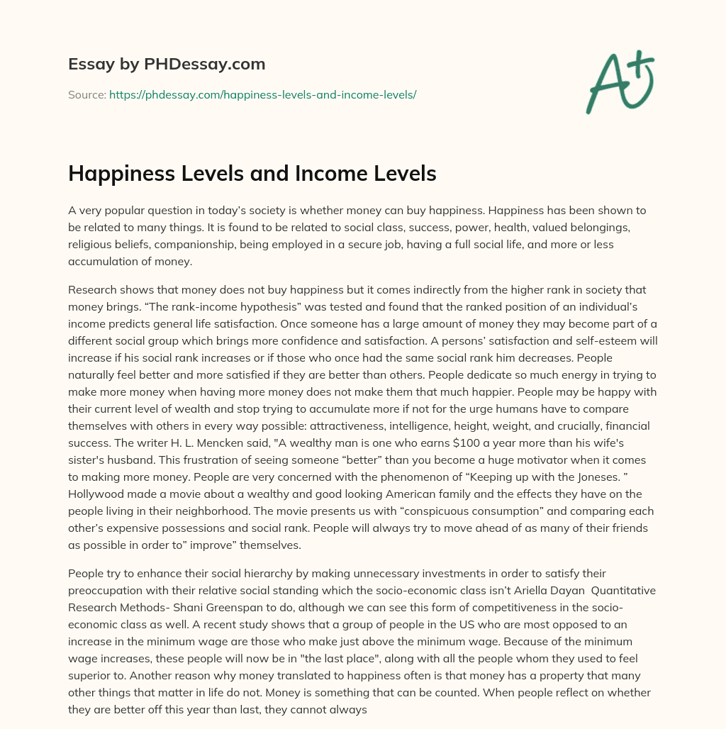 Happiness Levels and Income Levels - PHDessay.com