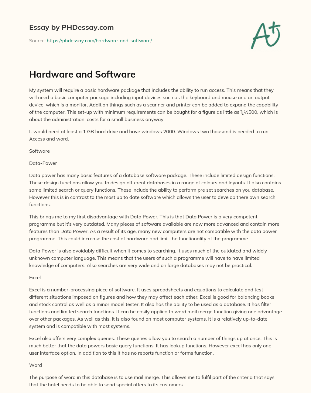 Hardware and Software (600 Words) - PHDessay.com