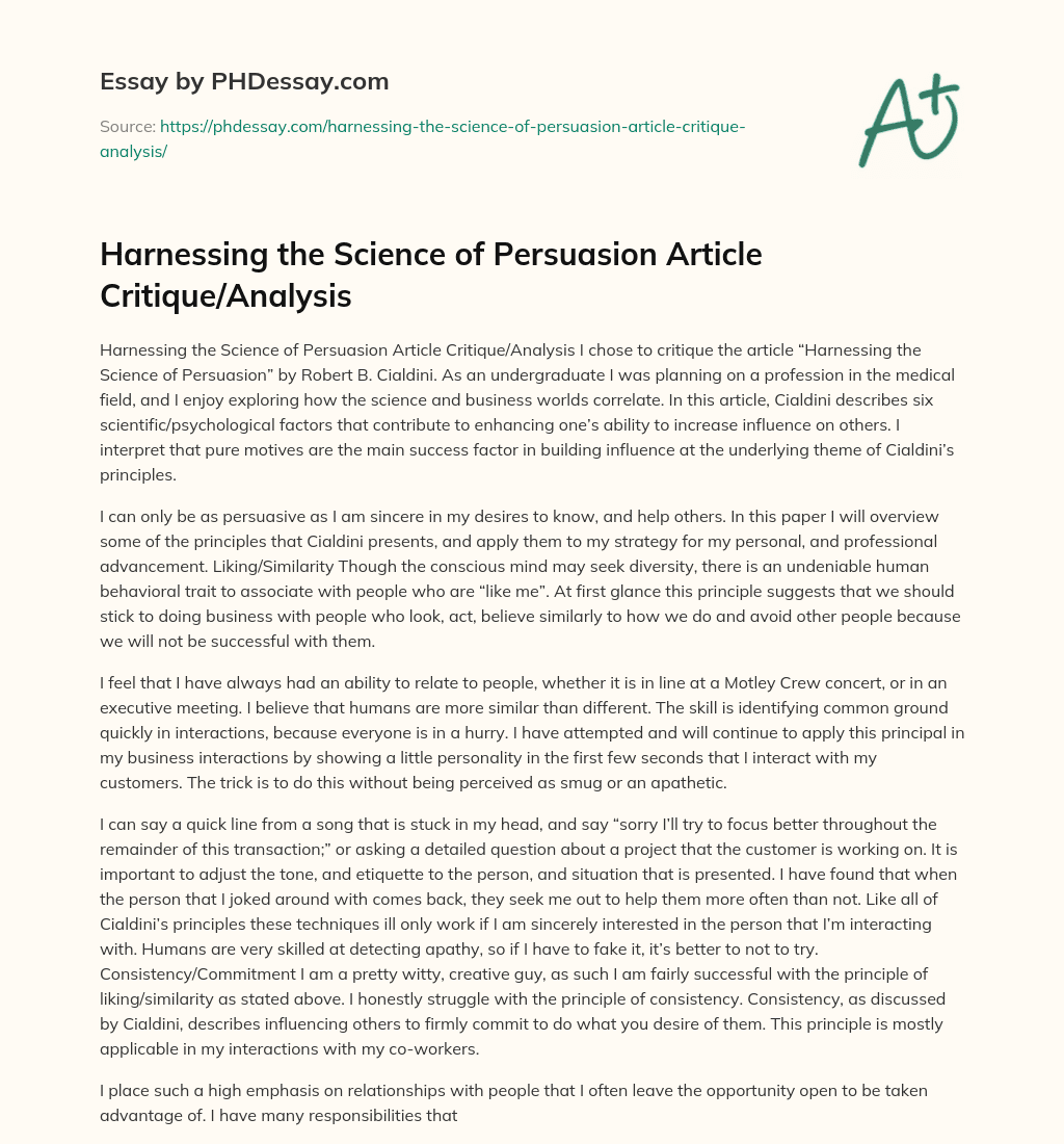 Harnessing the Science of Persuasion Article Critique/Analysis ...