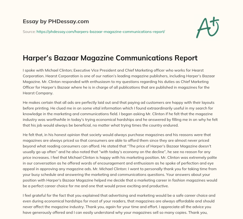 Harper’s Bazaar Magazine Communications Report (400 Words) - PHDessay.com