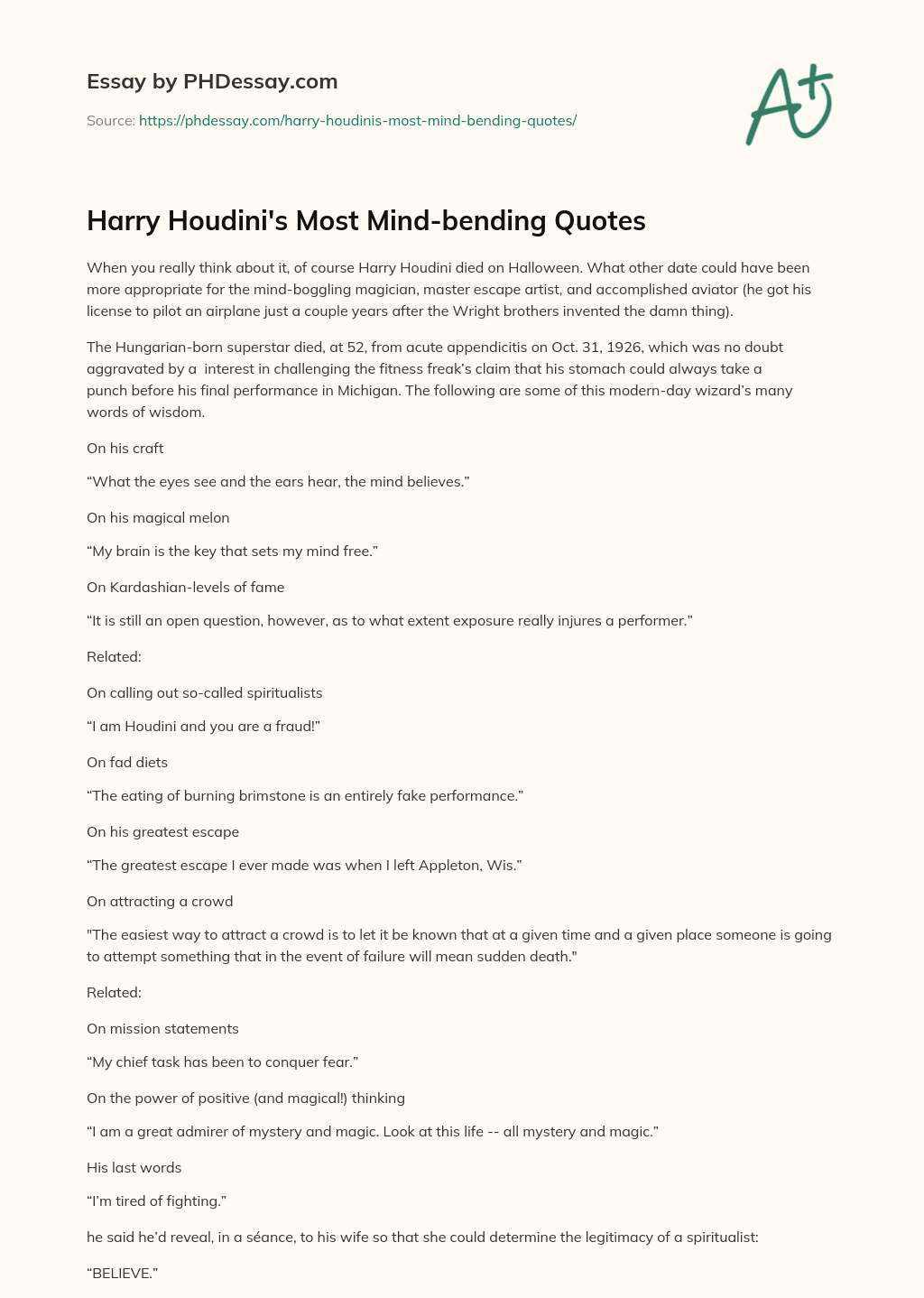 Harry Houdini's Most Mind-bending Quotes (300 Words) - PHDessay.com