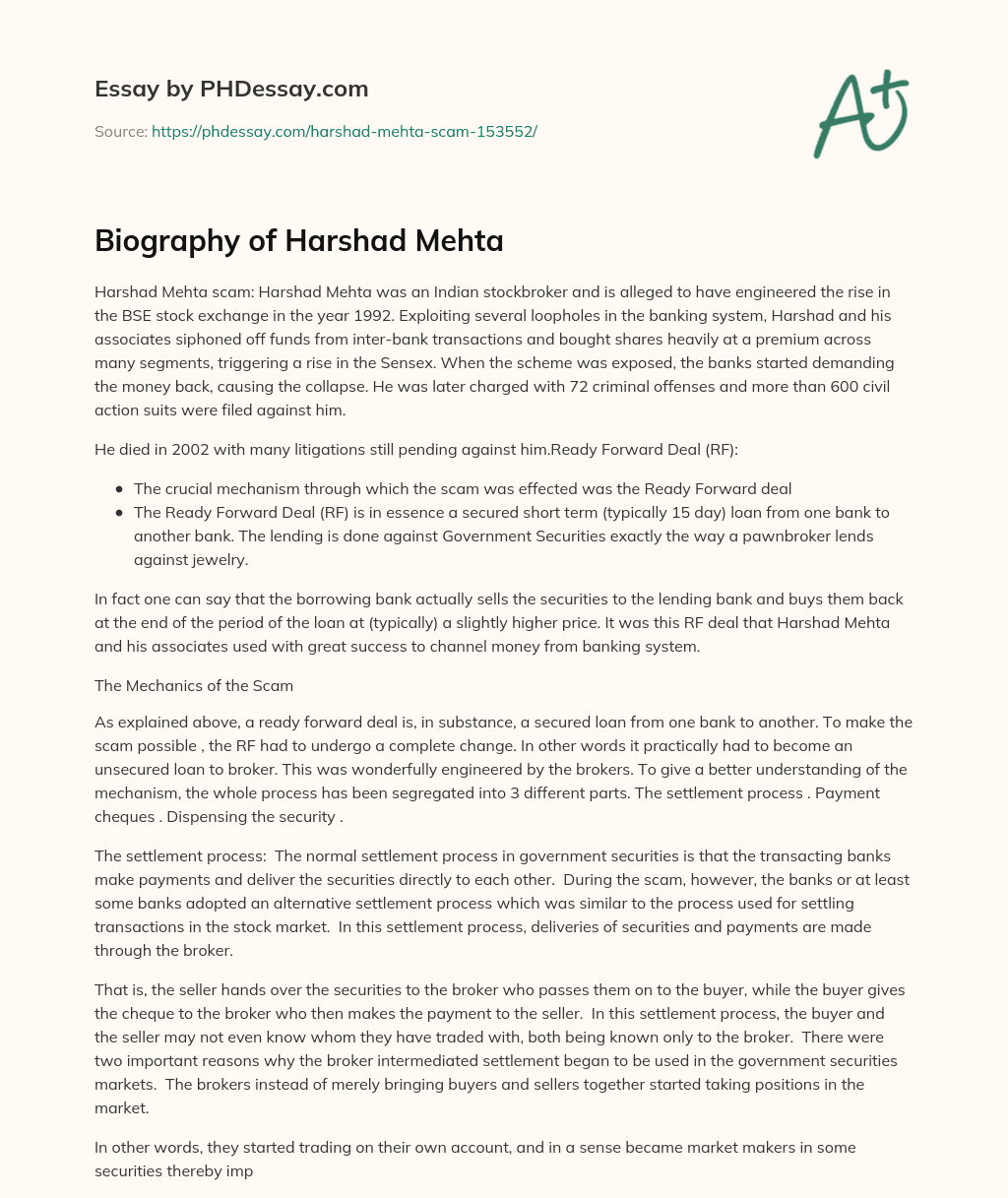 Biography Of Harshad Mehta Essay Example - PHDessay.com