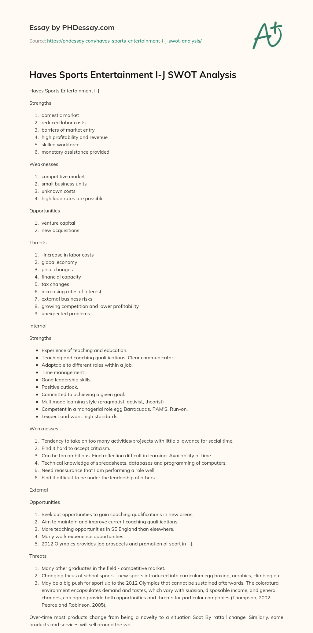 Haves Sports Entertainment I-J SWOT Analysis (400 Words) - PHDessay.com