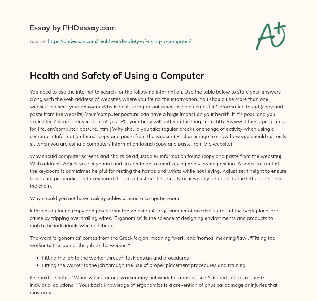 Health and Safety of Using a Computer (400 Words) - PHDessay.com