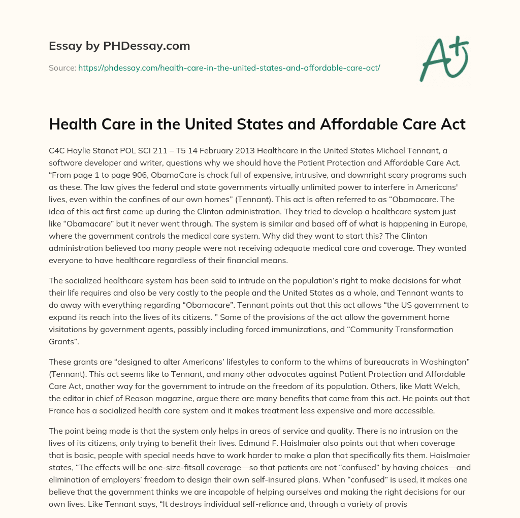 Health Care in the United States and Affordable Care Act - PHDessay.com