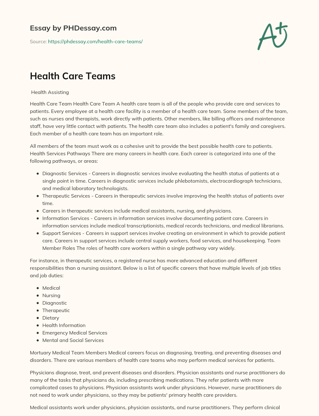Health Care Teams - PHDessay.com