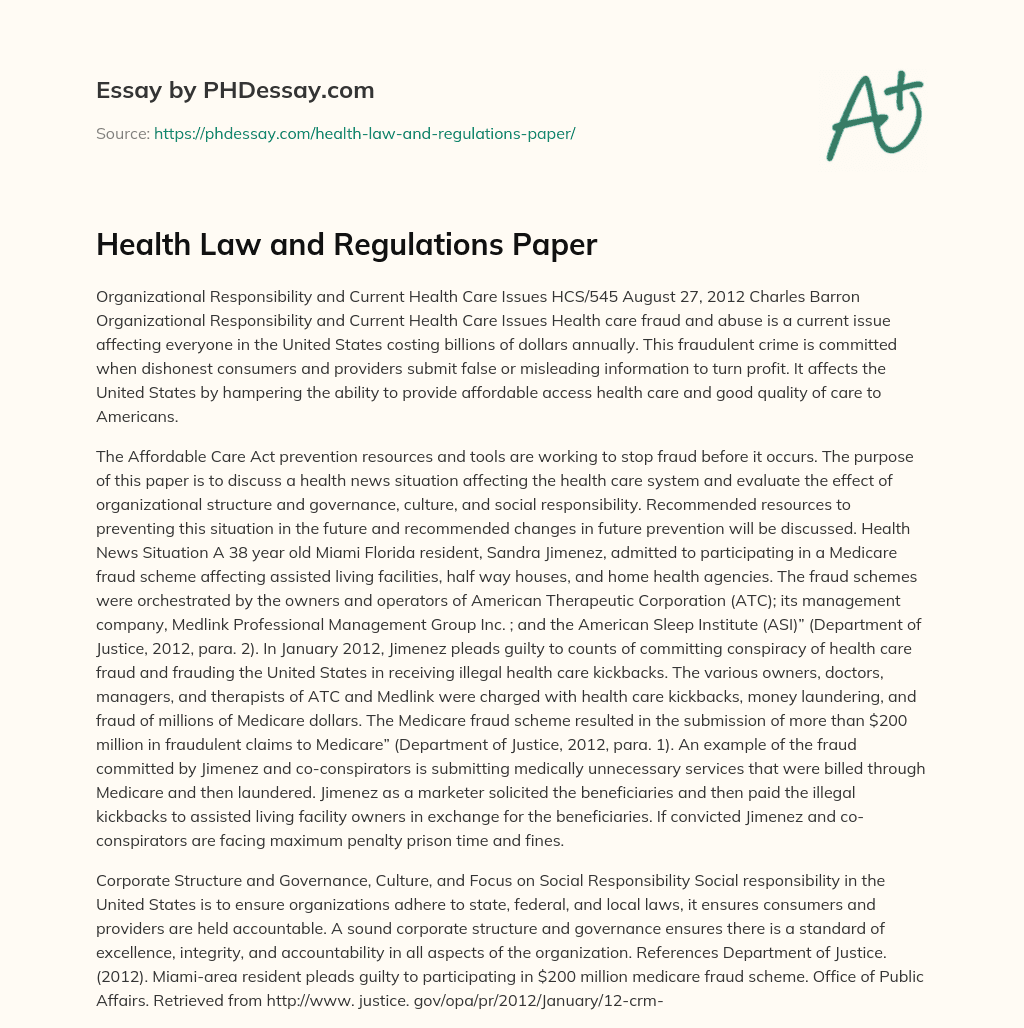 Health Law and Regulations Paper (400 Words) - PHDessay.com