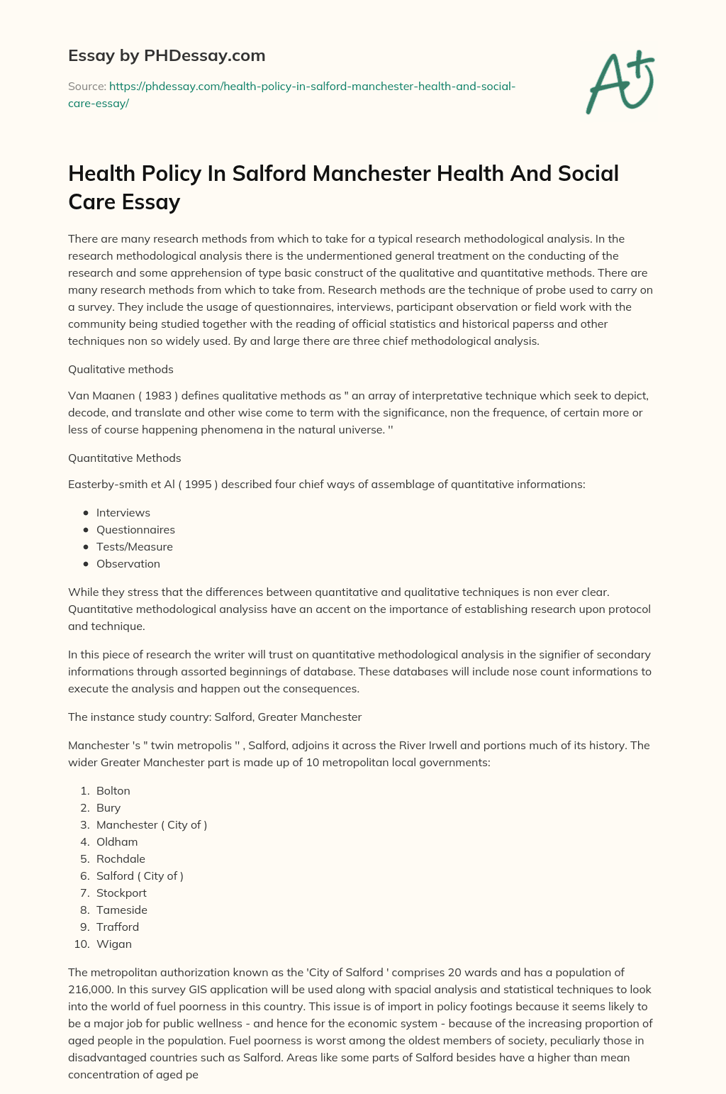 Health Policy In Salford Manchester Health And Social Care Essay ...