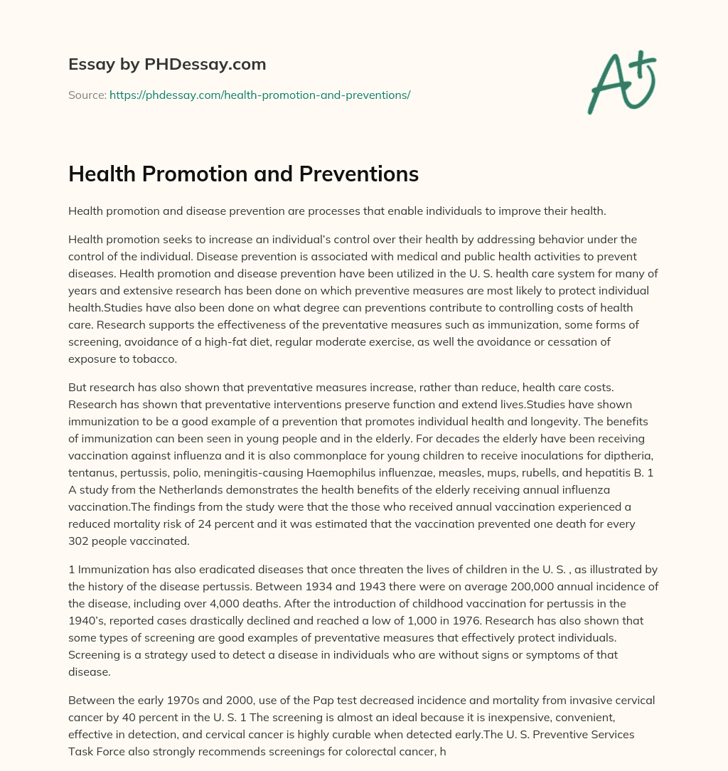 Health Promotion and Preventions - PHDessay.com