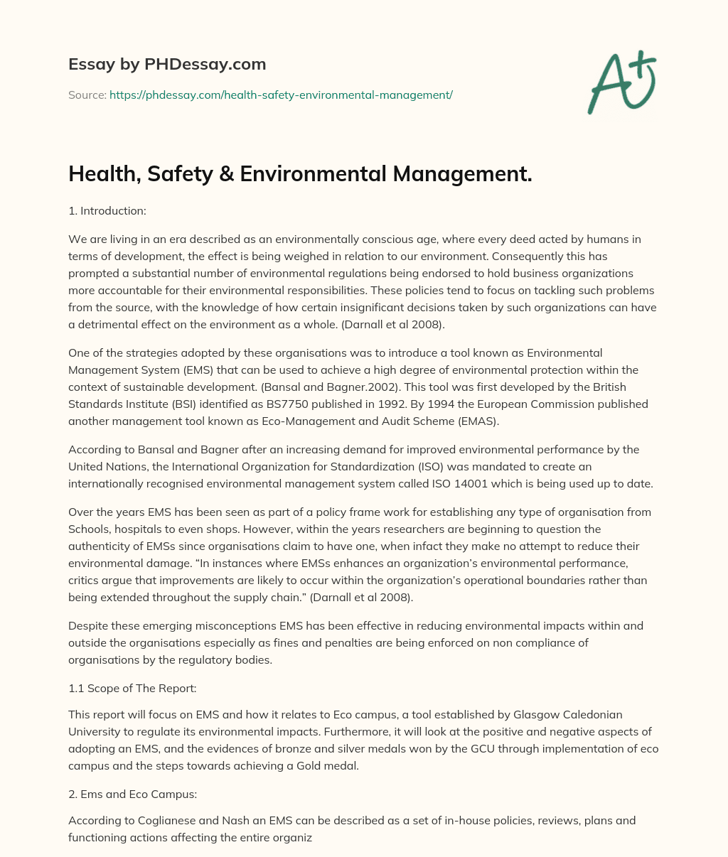 Health, Safety & Environmental Management. - PHDessay.com