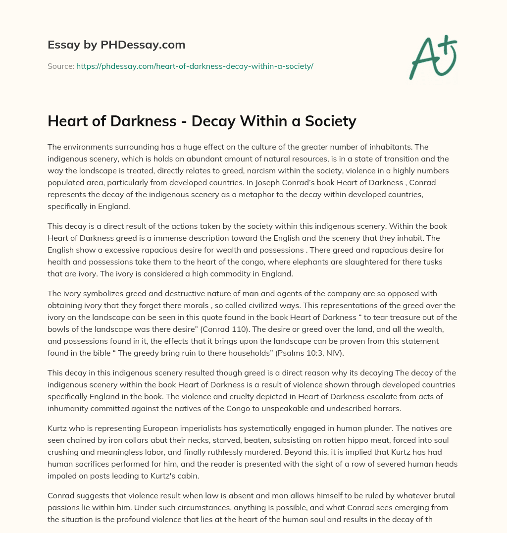 Heart of Darkness - Decay Within a Society - PHDessay.com
