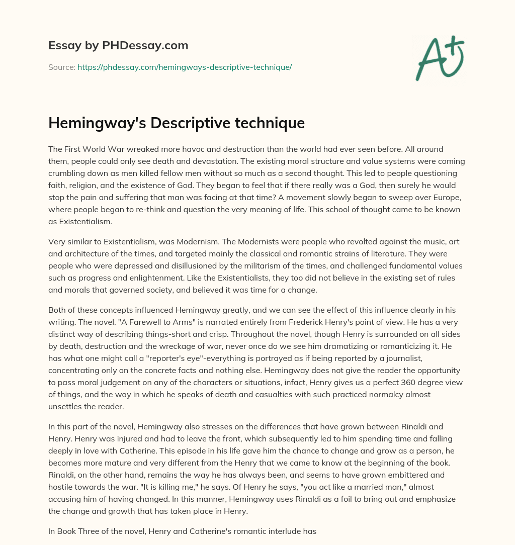 Hemingway's Descriptive technique - PHDessay.com
