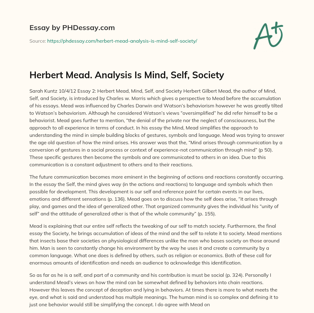 Herbert Mead. Analysis Is Mind, Self, Society (500 Words) - PHDessay.com