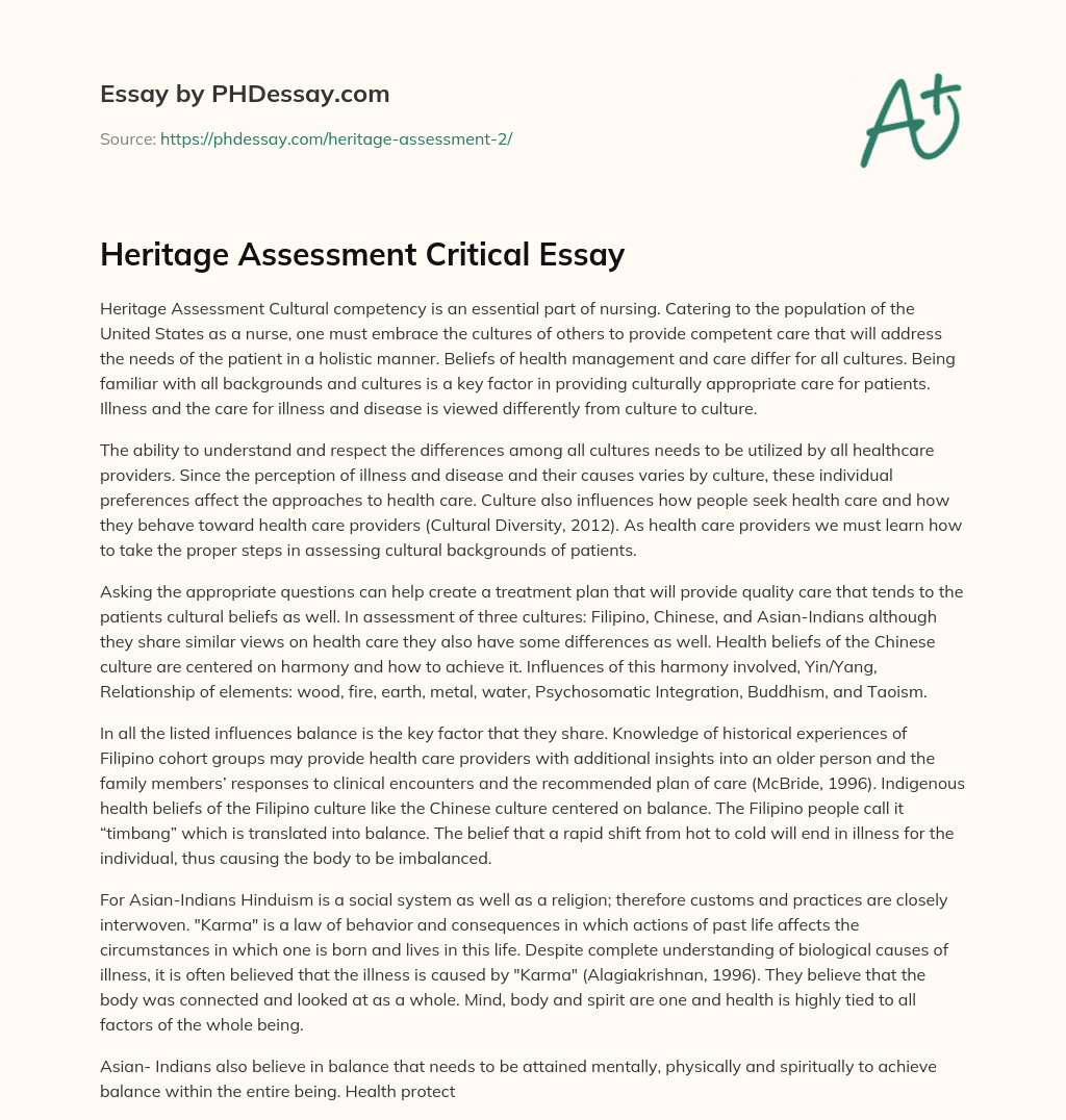 Heritage Assessment Critical Essay Paper Example - PHDessay.com