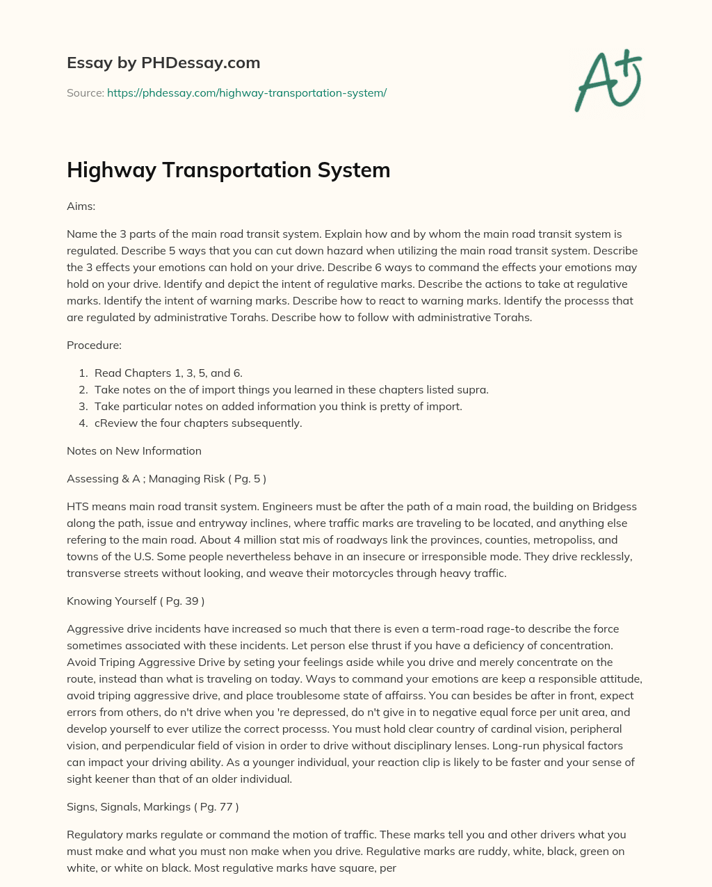 Highway Transportation System - PHDessay.com
