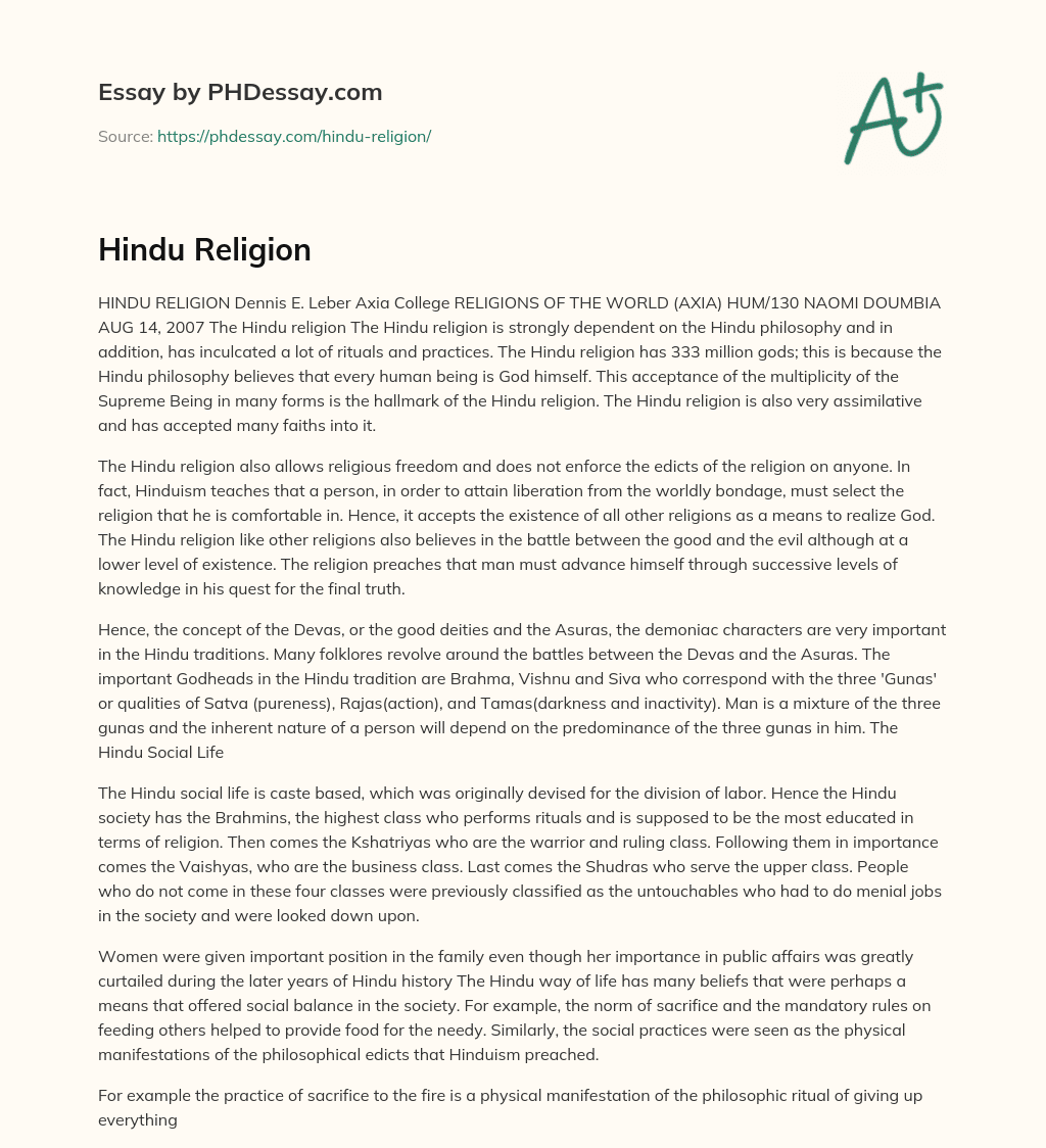 Hindu Religion - PHDessay.com