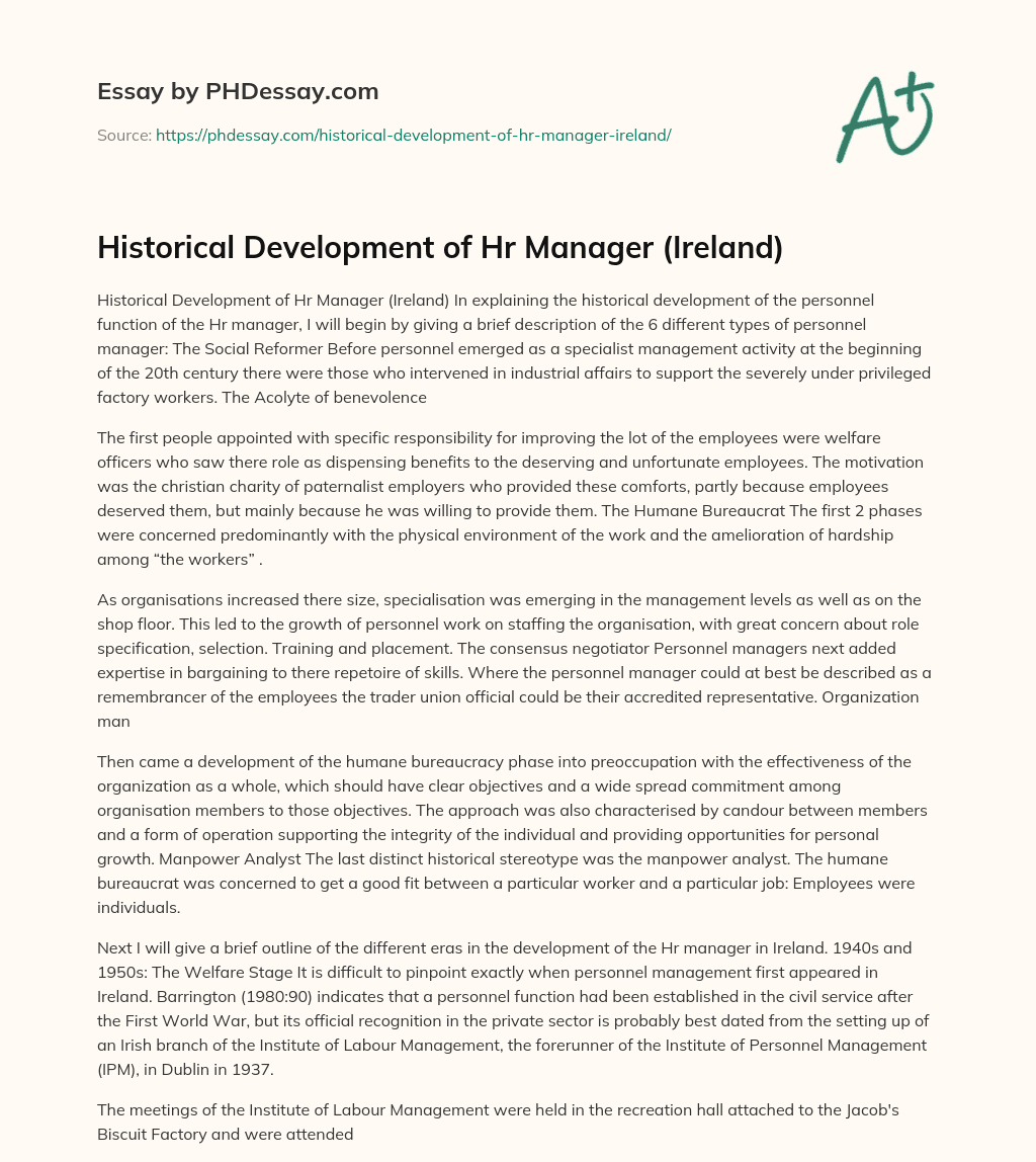 Historical Development of Hr Manager (Ireland) - PHDessay.com