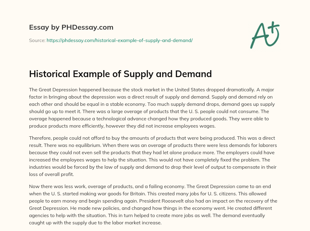 Historical Example of Supply and Demand (300 Words) - PHDessay.com