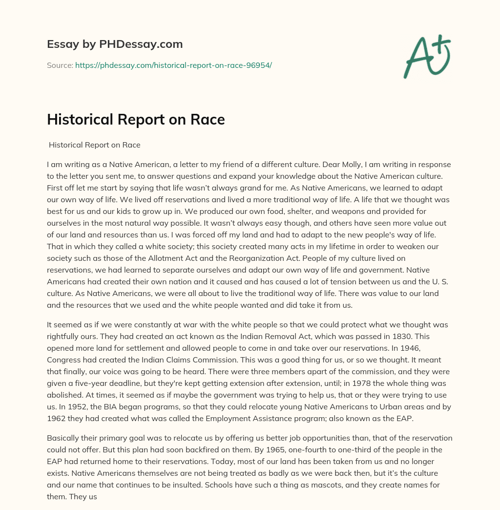 Historical Report on Race - PHDessay.com