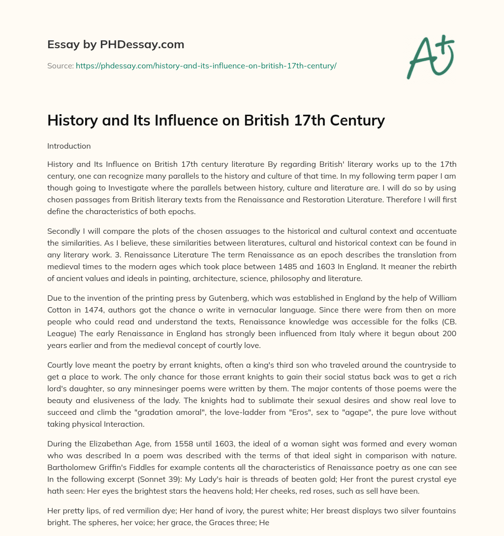 History and Its Influence on British 17th Century - PHDessay.com