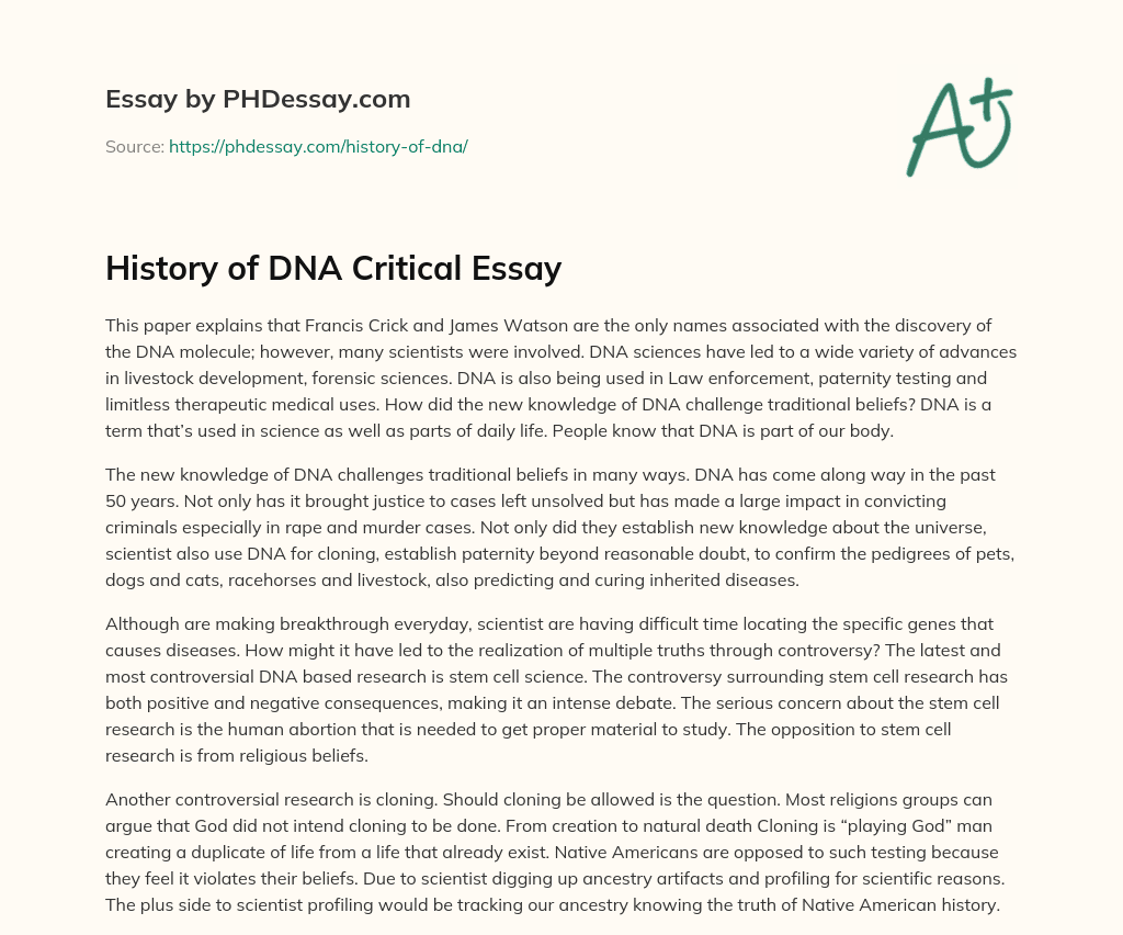 History of DNA Critical Essay (400 Words) - PHDessay.com