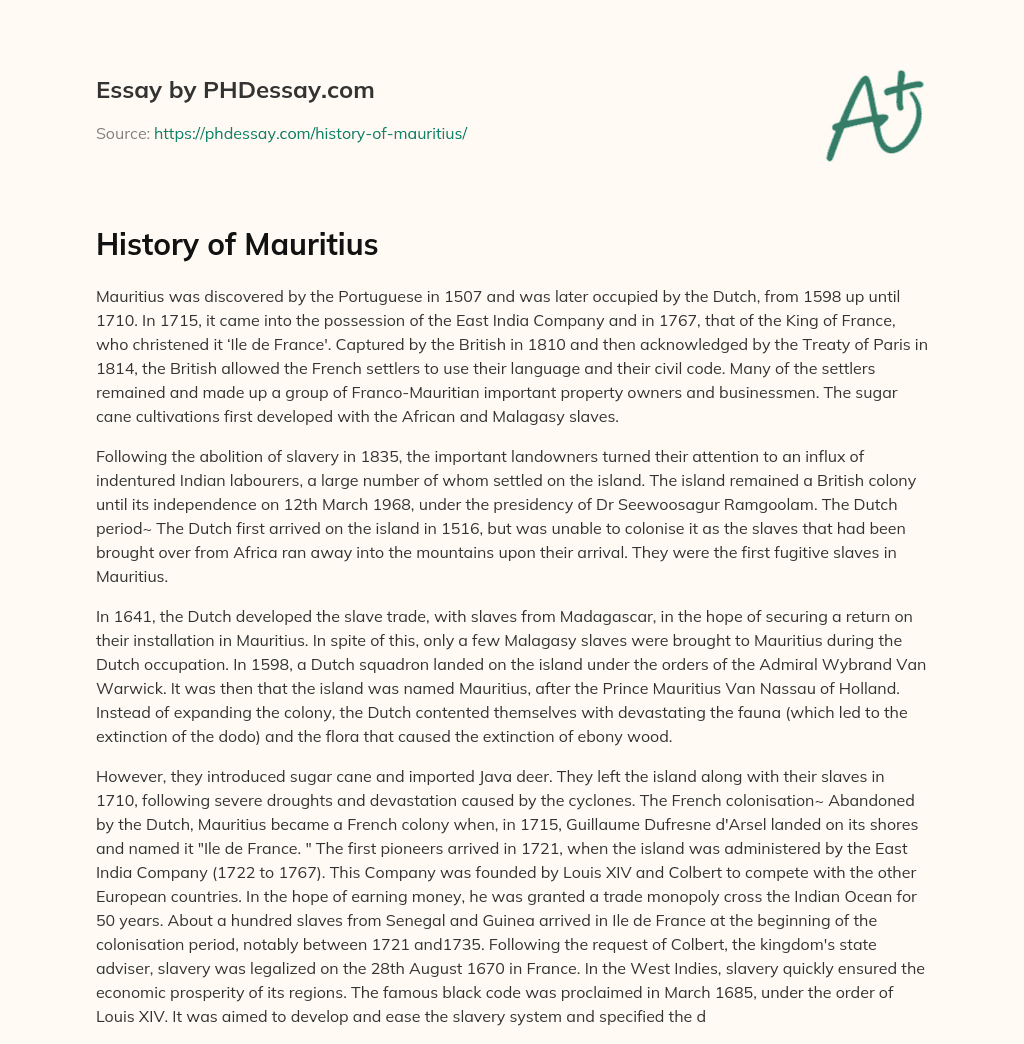 History of Mauritius (600 Words) - PHDessay.com