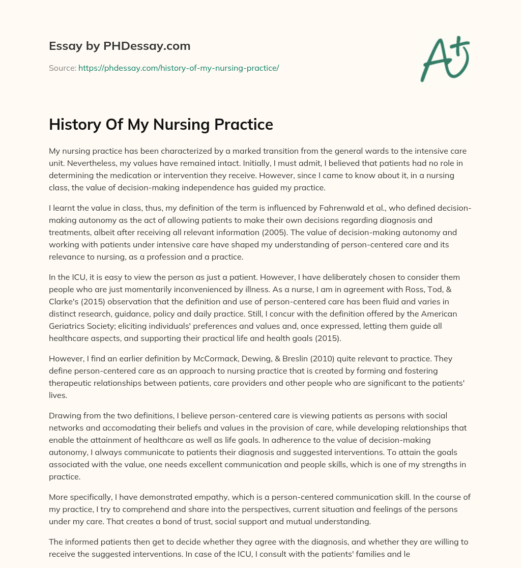 History Of My Nursing Practice Essay Example - PHDessay.com