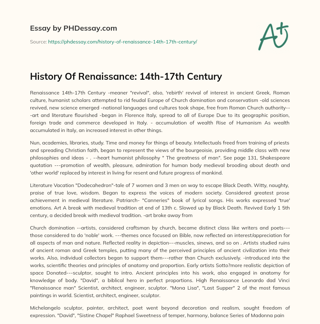 History Of Renaissance: 14th-17th Century (500 Words) - PHDessay.com