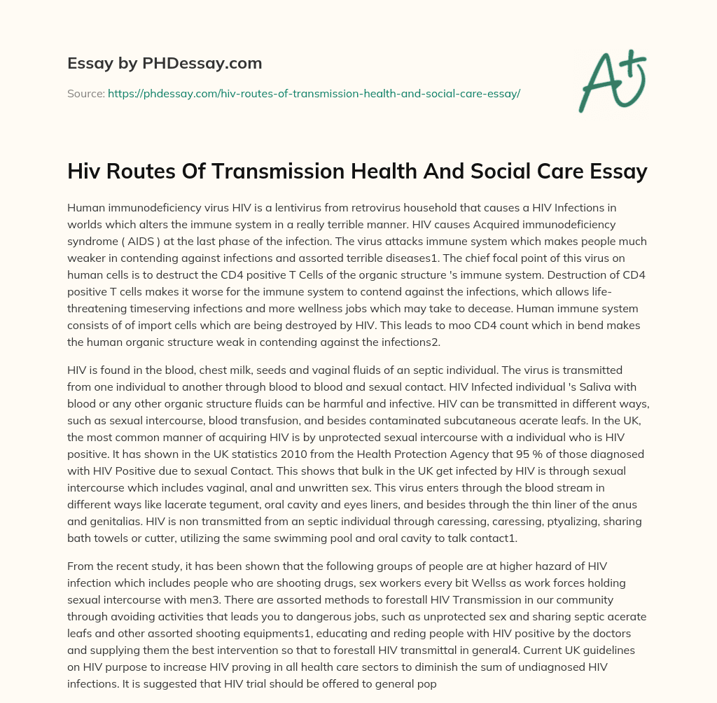 Hiv Routes Of Transmission Health And Social Care Essay - PHDessay.com