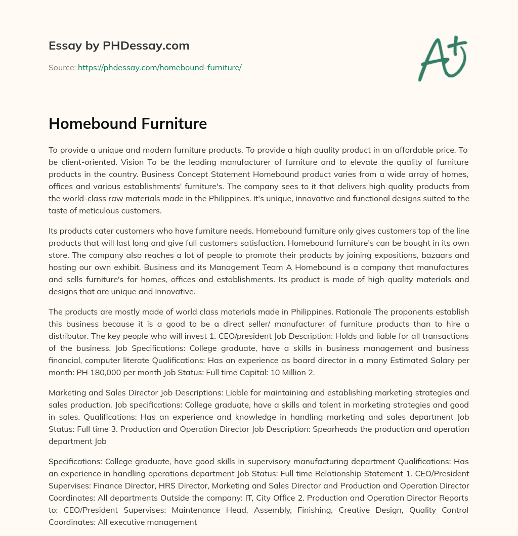 Homebound Furniture (400 Words) - PHDessay.com
