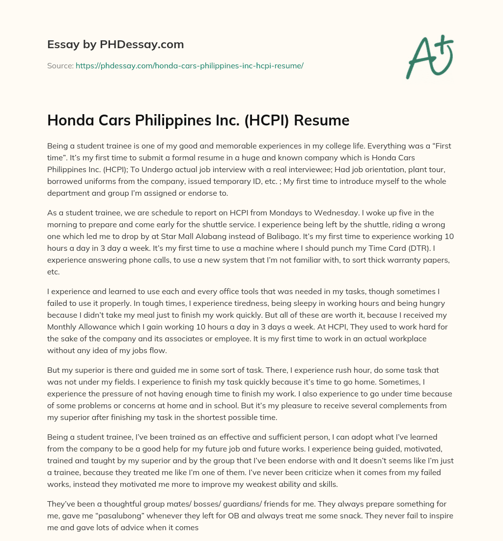 Honda Cars Philippines Inc. (HCPI) Resume - PHDessay.com