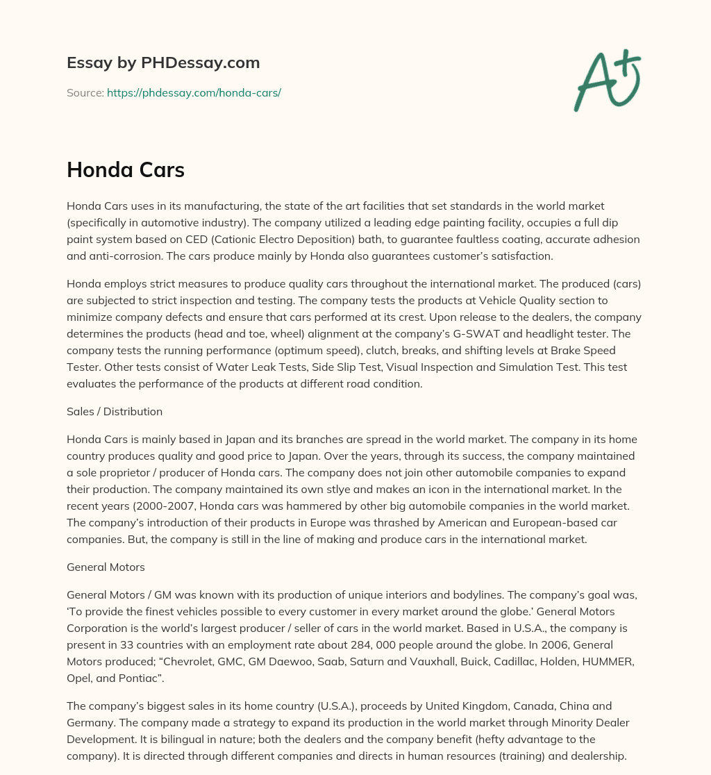 Honda Cars - PHDessay.com