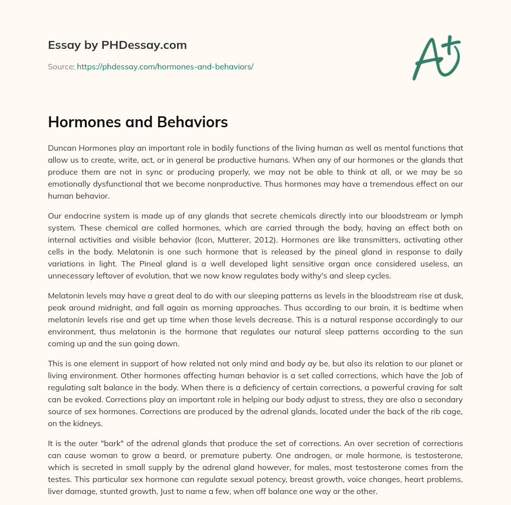 Hormones and Behaviors (500 Words) - PHDessay.com