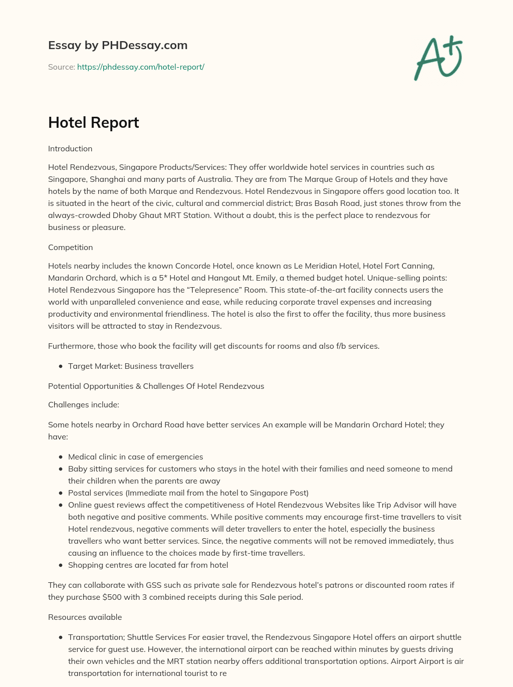 Hotel Report - PHDessay.com