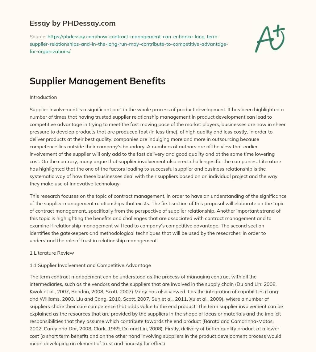 Supplier Management Benefits - PHDessay.com