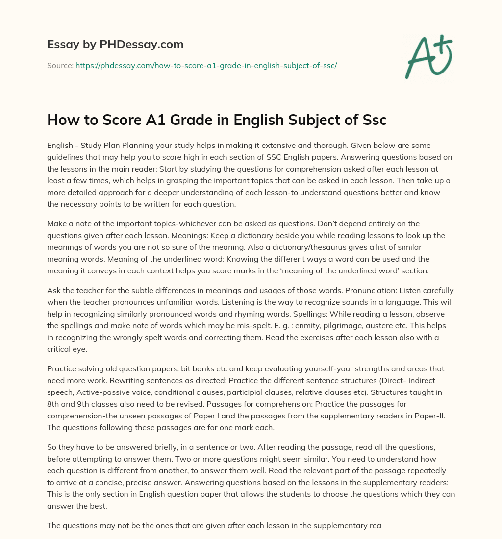 How to Score A1 Grade in English Subject of Ssc - PHDessay.com