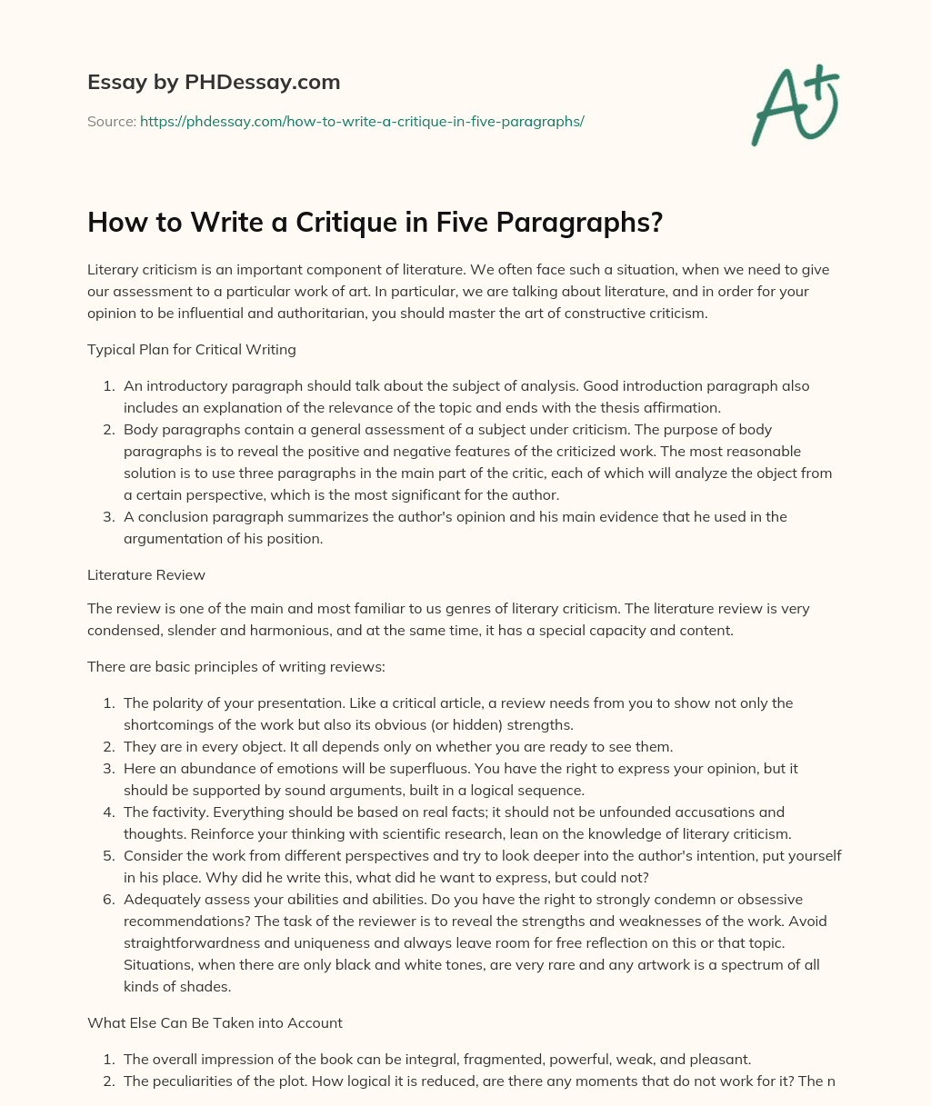 How To Write A Critique In Five Paragraphs? Example - PHDessay.com