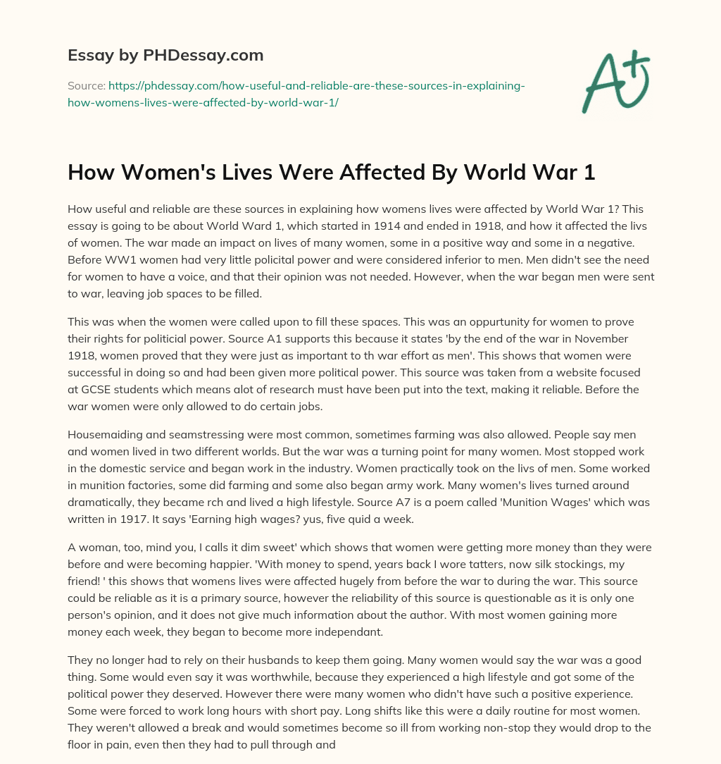 How Women's Lives Were Affected By World War 1 - PHDessay.com
