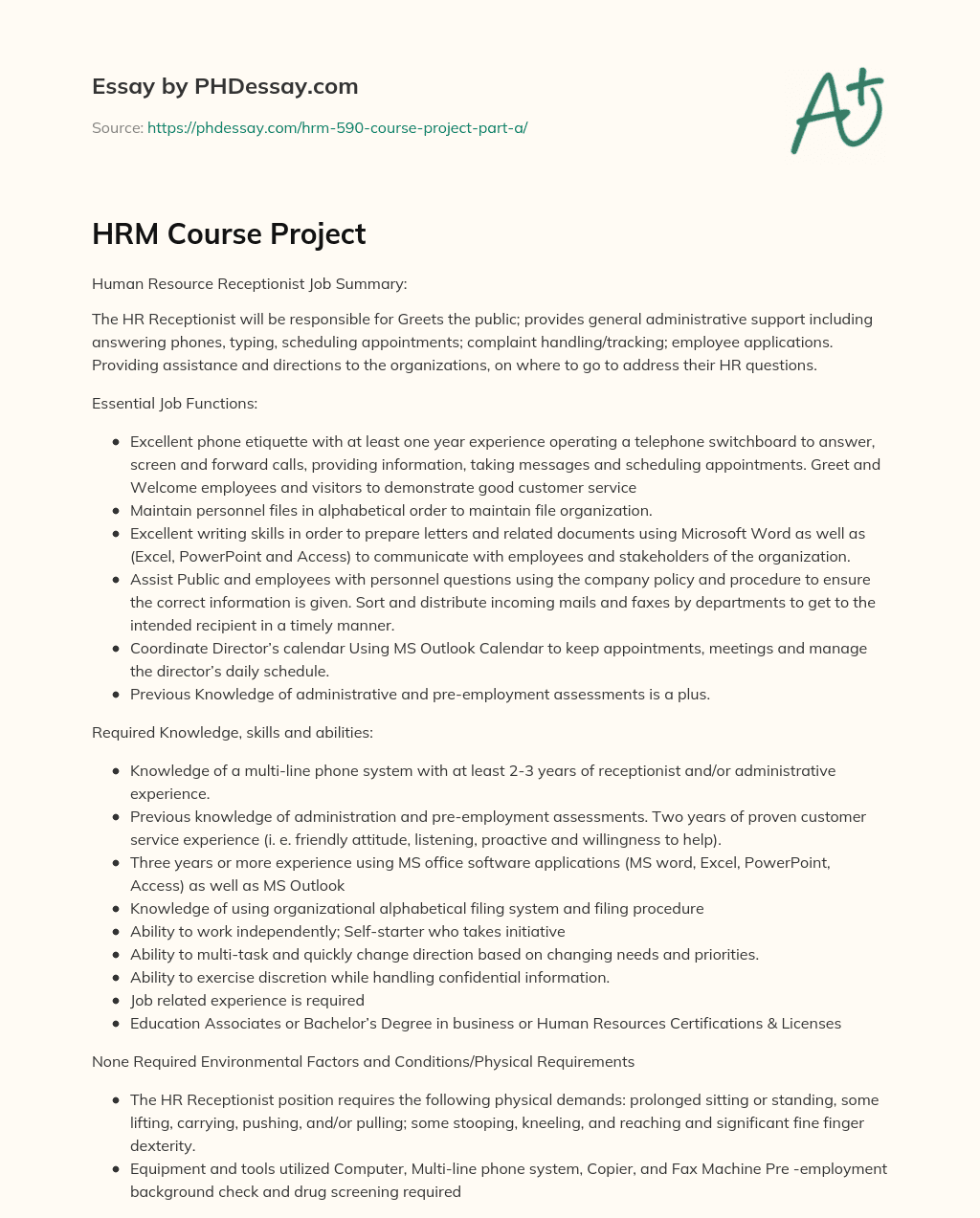 HRM Course Project - PHDessay.com