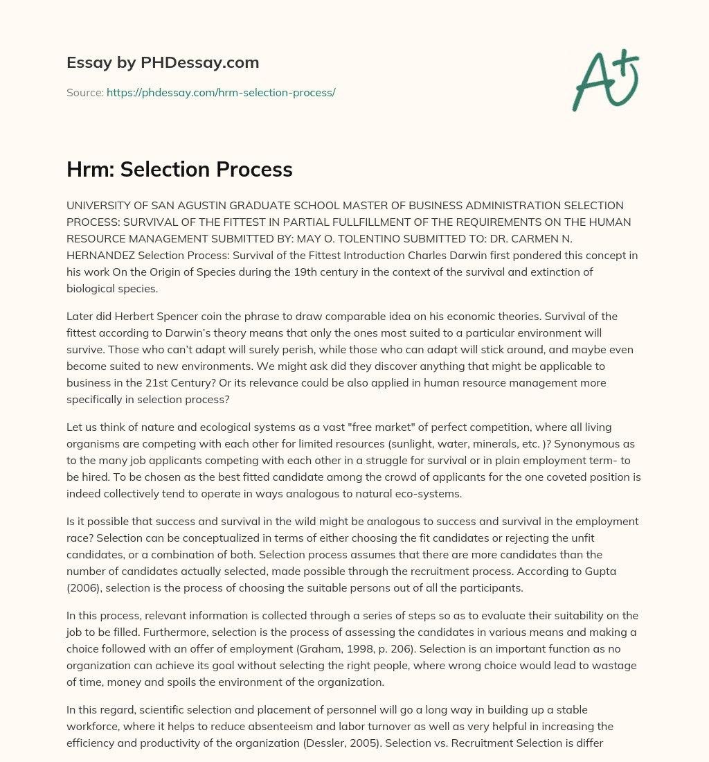 Hrm: Selection Process - PHDessay.com