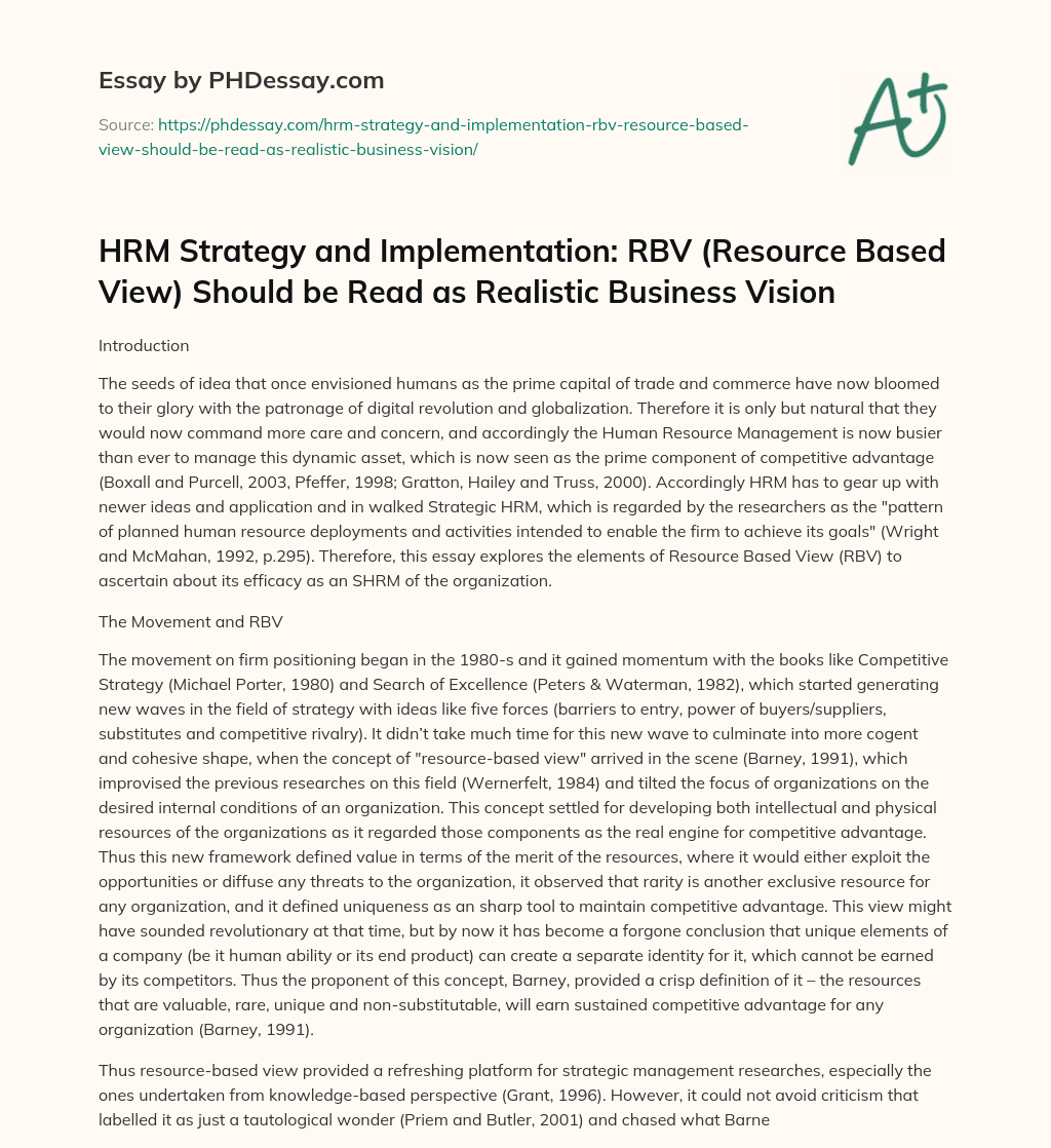 HRM Strategy and Implementation: RBV (Resource Based View) Should be ...