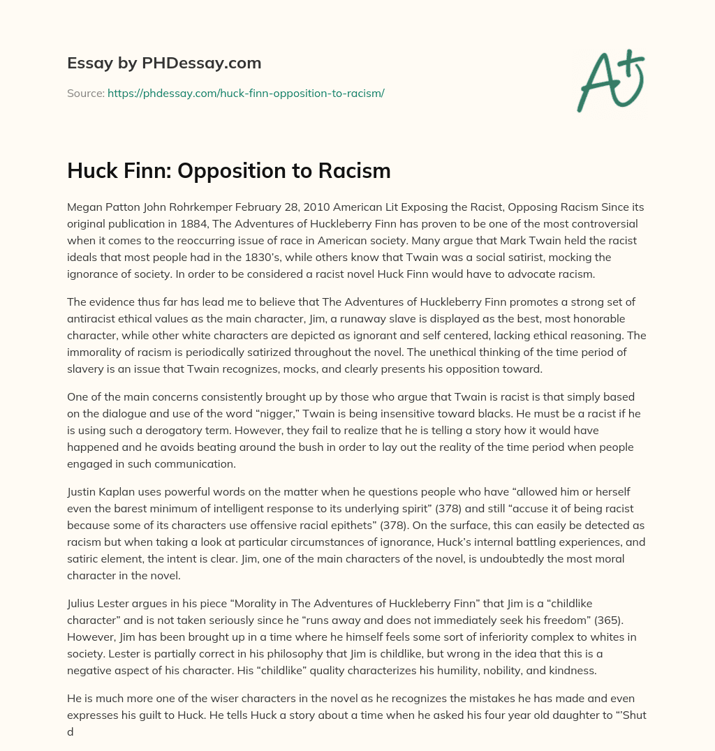 Huck Finn: Opposition to Racism - PHDessay.com