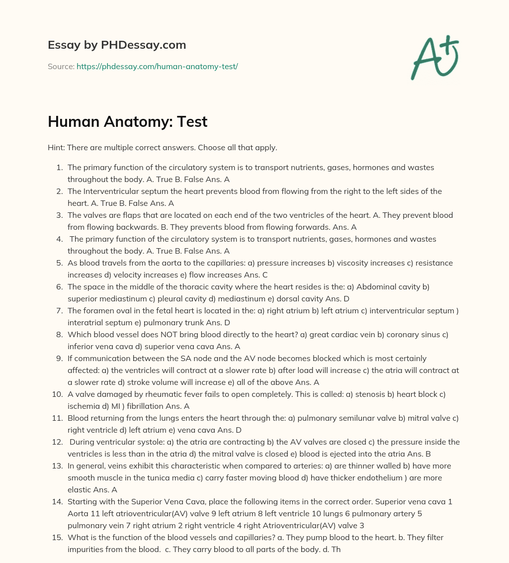 Human Anatomy: Test - PHDessay.com