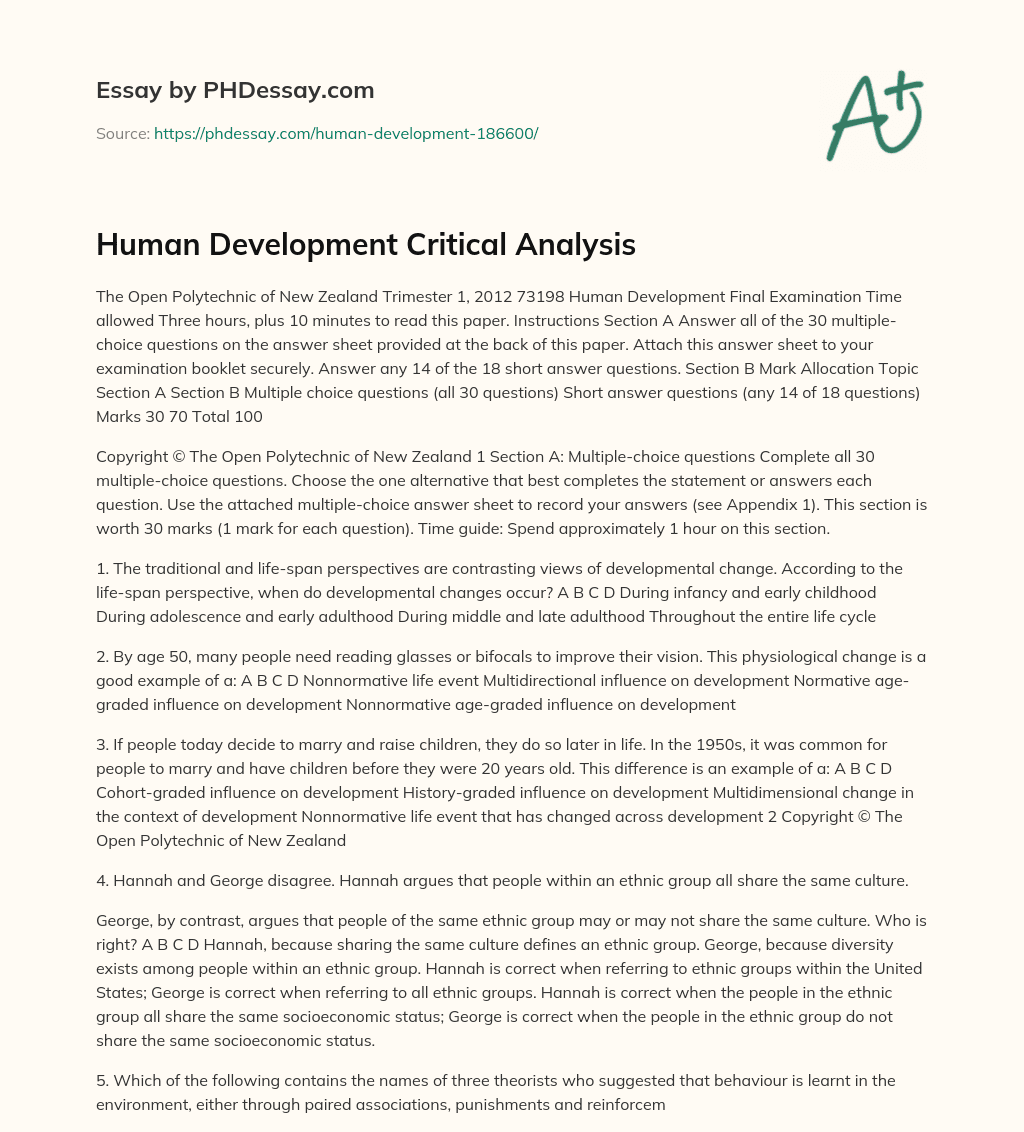 Human Development Critical Analysis Example - PHDessay.com