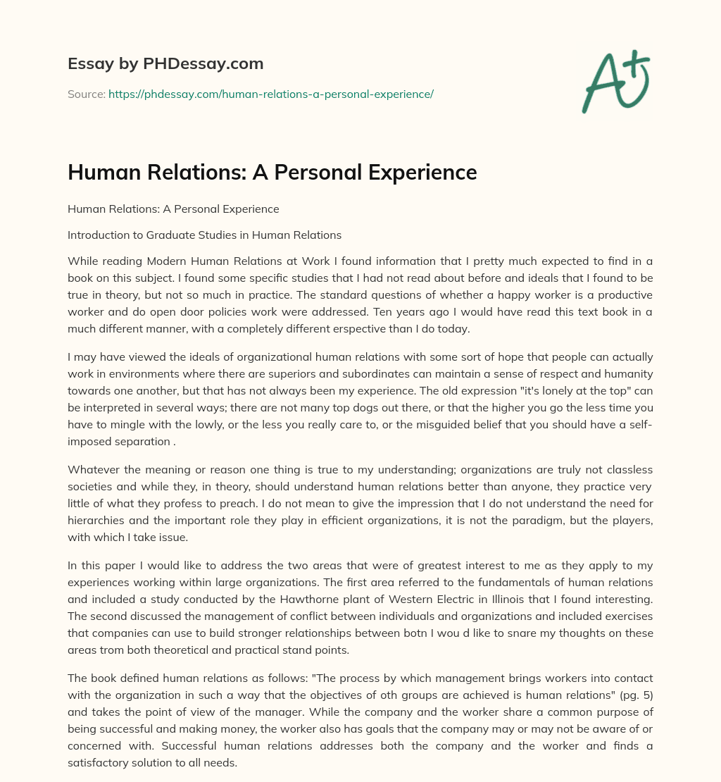 Human Relations: A Personal Experience - PHDessay.com