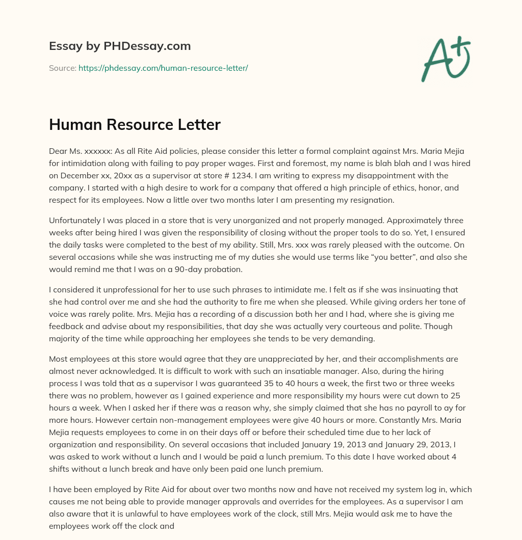 Human Resource Letter - PHDessay.com