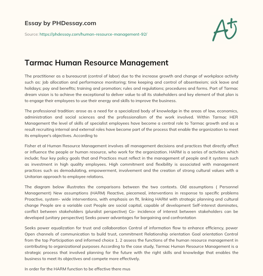 Tarmac Human Resource Management - PHDessay.com
