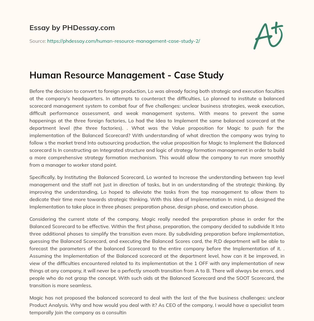 Human Resource Management - Case Study (500 Words) - PHDessay.com