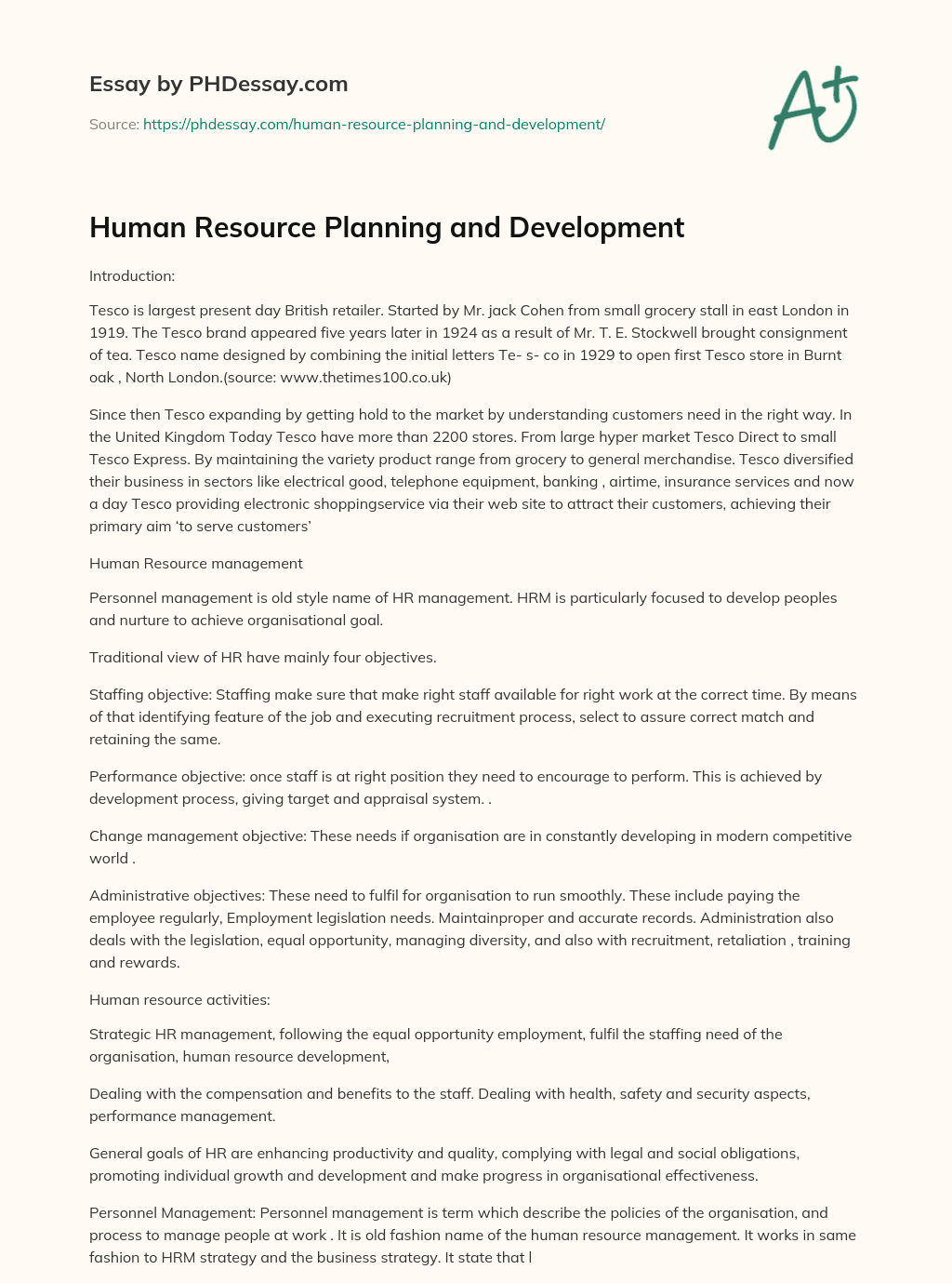 Human Resource Planning and Development - PHDessay.com