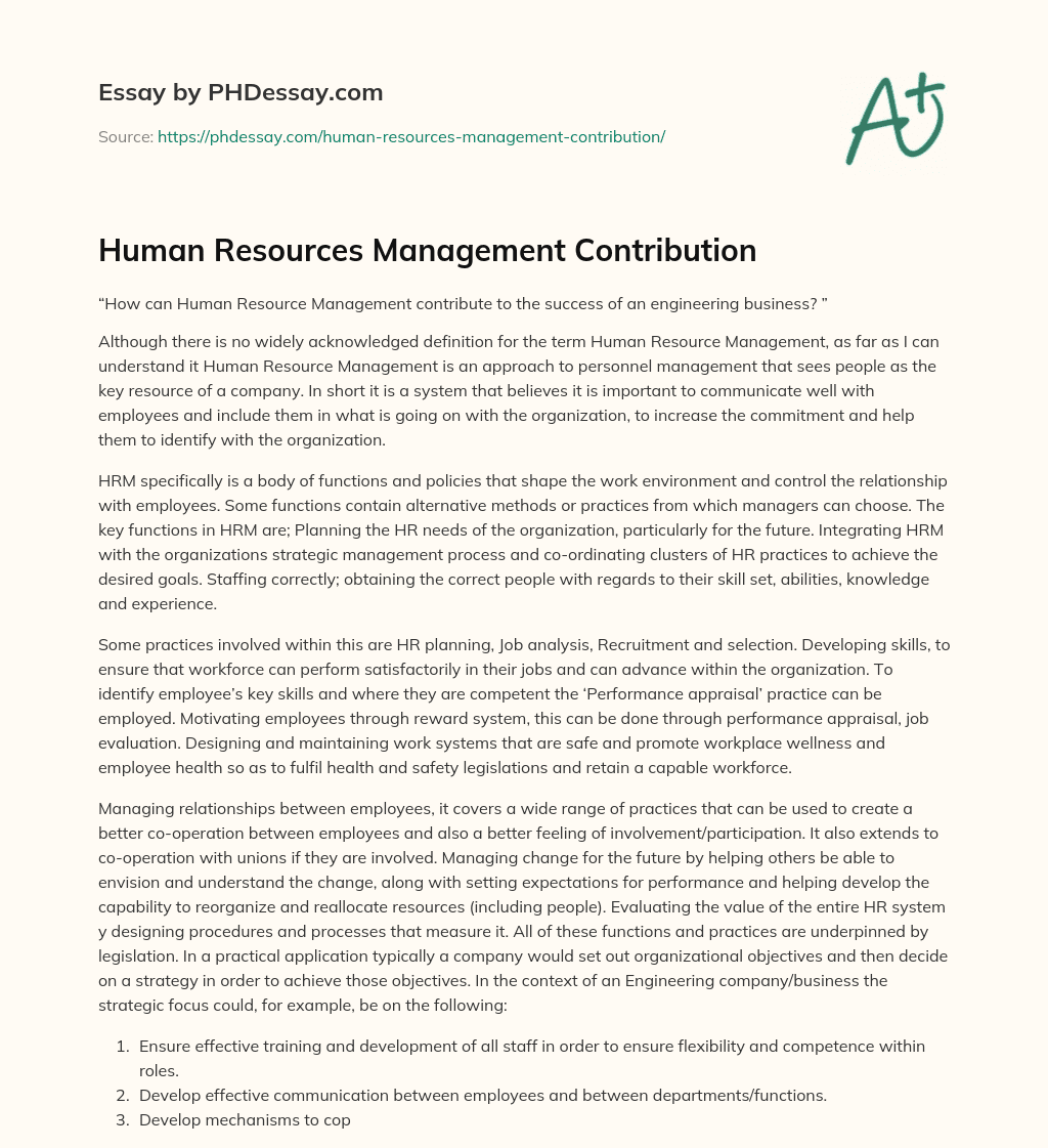 Human Resources Management Contribution - PHDessay.com
